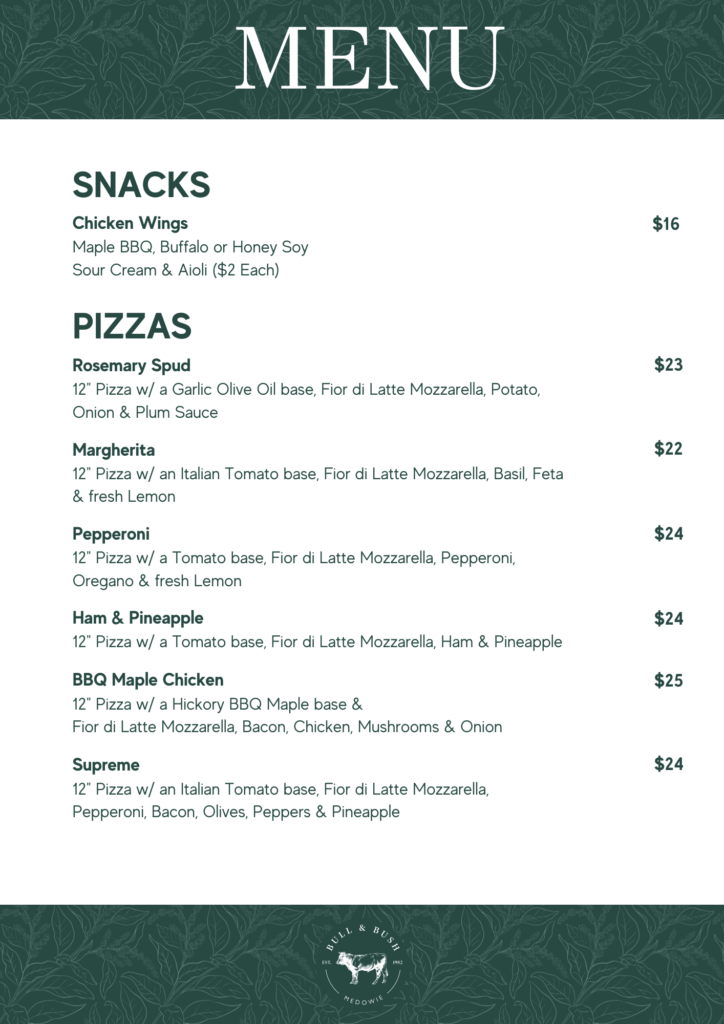 Pizza Bar Menu - Bull & Bush Medowie
