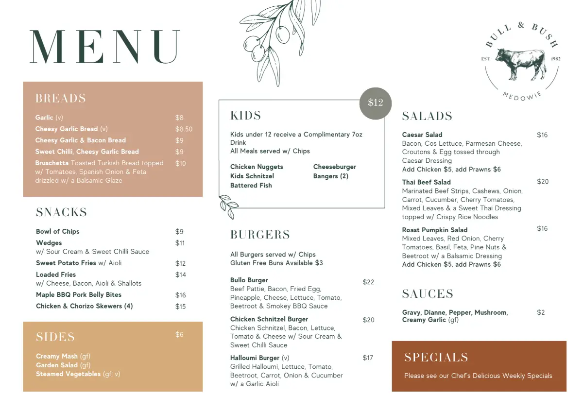 Main Menu - Bull & Bush Medowie